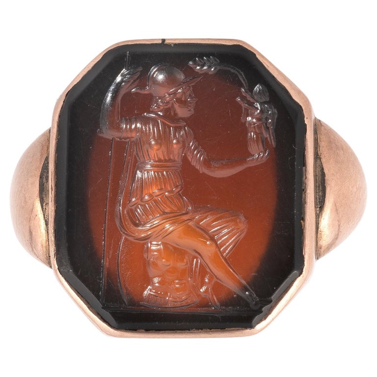 Octagonal Sard Intaglio Set in a Gold Ring, Athena For Sale at 1stDibs