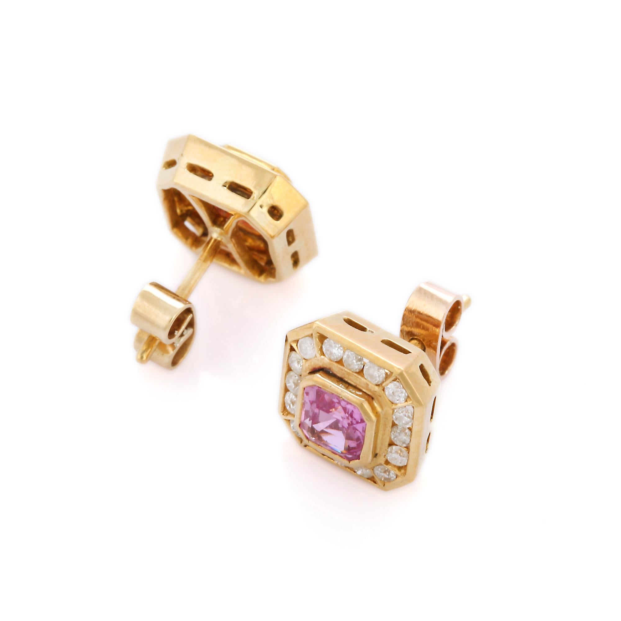 Octagonal Step Cut Diamond Studs with Cushion Cut Pink Sapphire in 18K ...