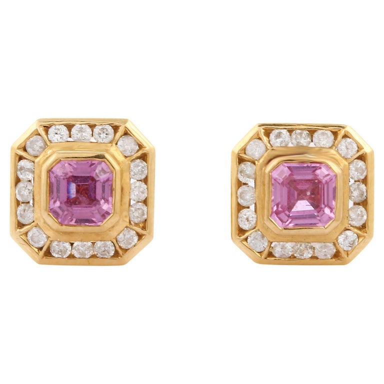 Octagonal Step Cut Diamond Studs with Cushion Cut Pink Sapphire in 18K ...