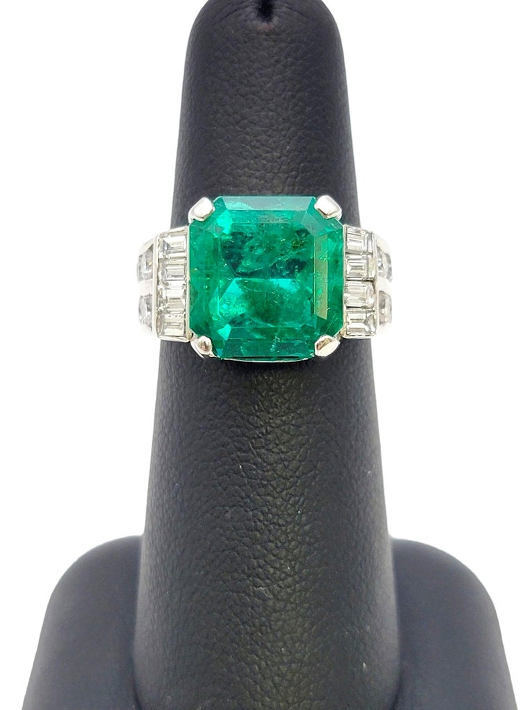 Octagonal Step Cut Natural Emerald and Diamond Band Ring in 18 Karat ...