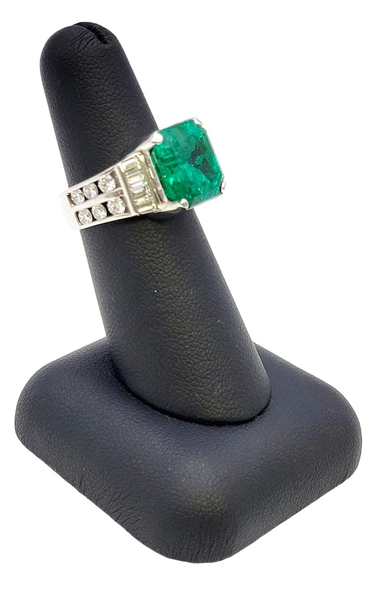 Octagonal Step Cut Natural Emerald and Diamond Band Ring in 18 Karat ...