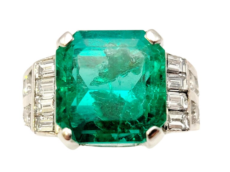 Octagonal Step Cut Natural Emerald and Diamond Band Ring in 18 Karat ...
