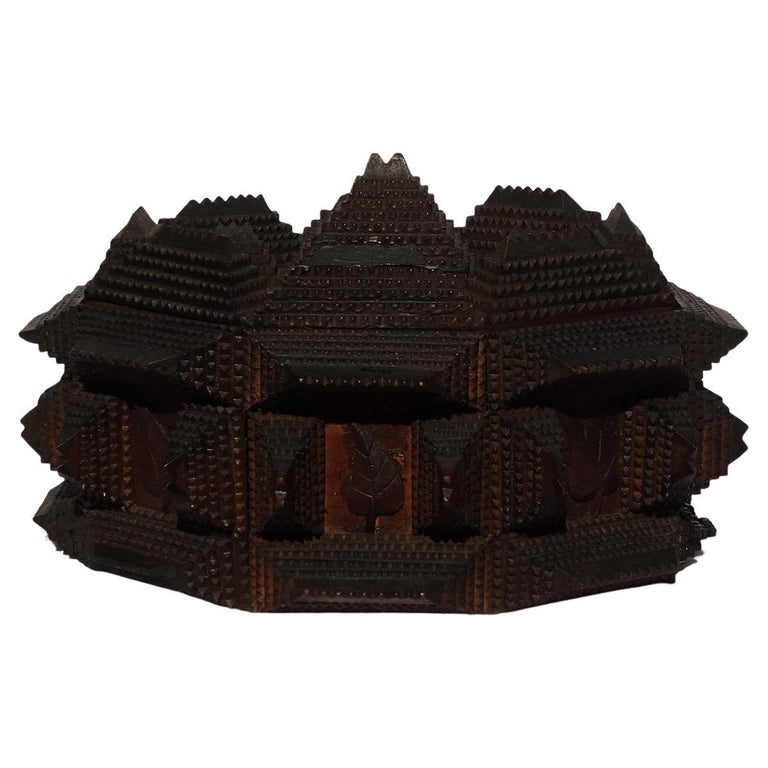 Octagonal Tramp Art Box, 11 Layers in Several Styles, Dark Lacquer Fine ...