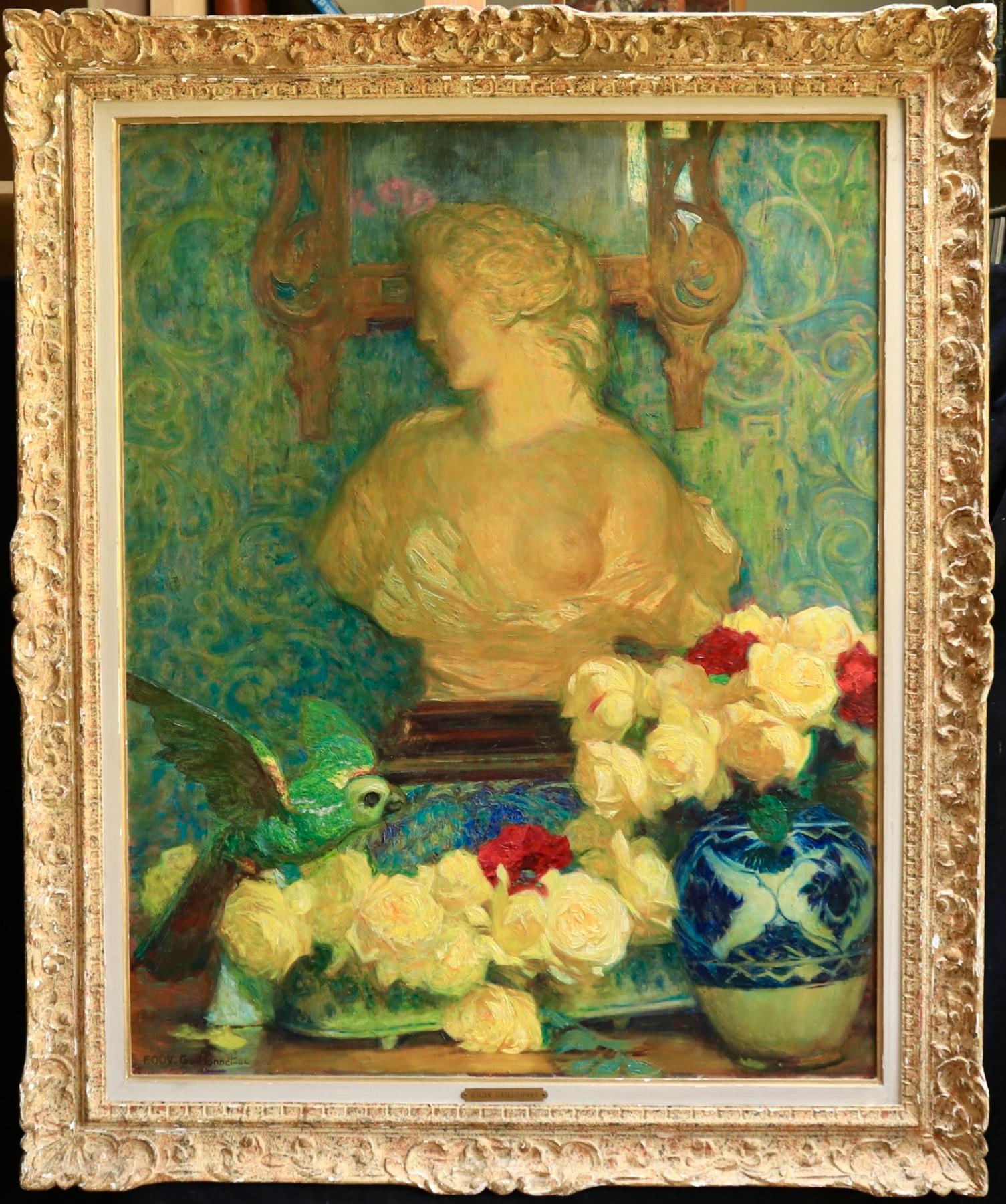 Octave Guillonnet - Fleurs - 20th Century Oil, Vase of Rose Flowers in ...