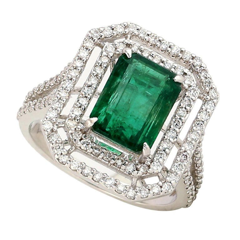 Octogen Cut Zambian Emerald Ring with Diamonds Made in 14k White Gold ...
