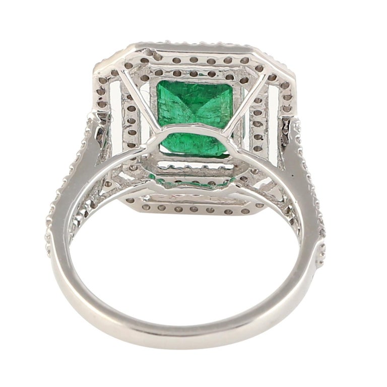Octogen Cut Zambian Emerald Ring with Diamonds Made in 14k White Gold ...