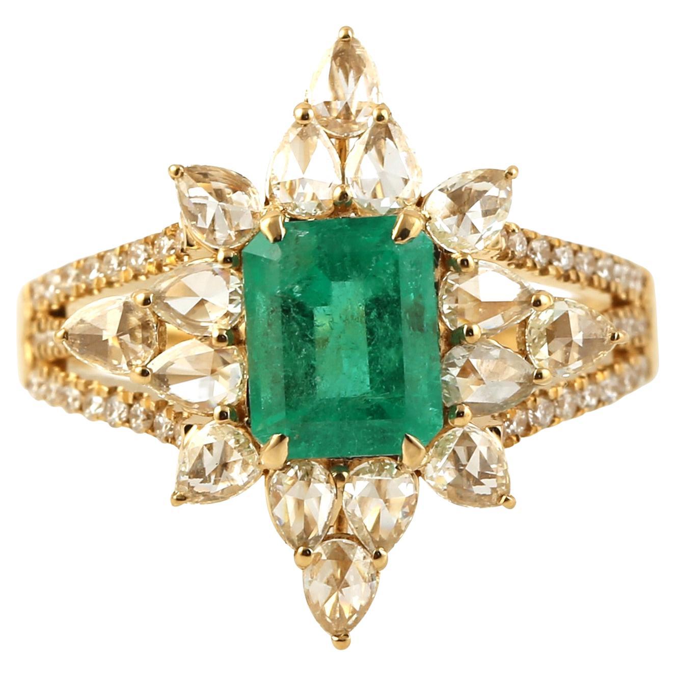 Octogen Shaped Emerald Starburst Ring With Diamonds Made In 18k Yellow ...