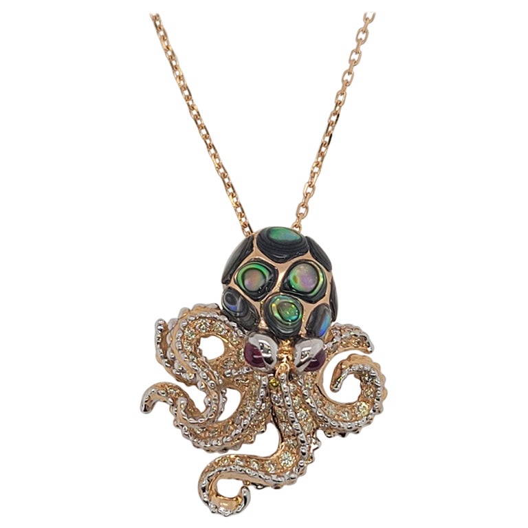 Octopus Pendant in 18K Gold Diamonds, Rubies, Pearl Shell For Sale at ...