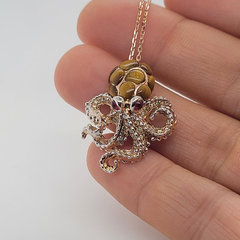 Octopus Pendant in 18K Gold Tiger's Eye, Ruby and Diamonds For Sale at ...