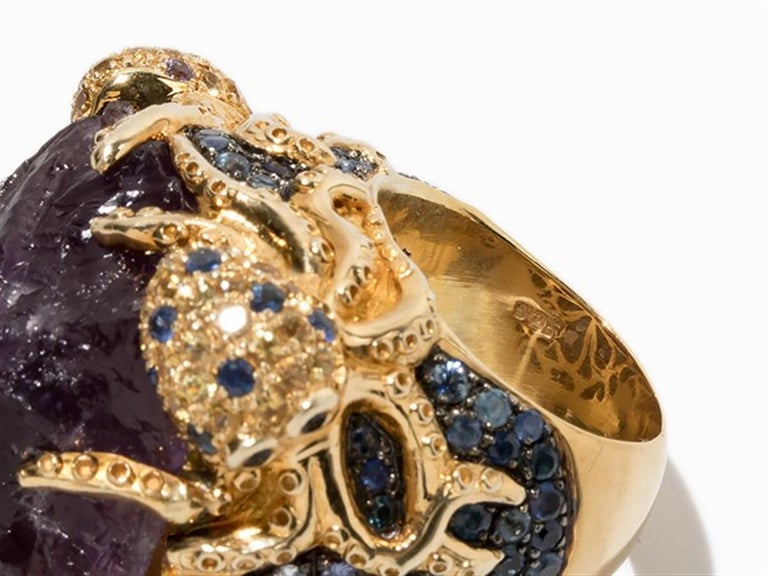 Octopus Ring with Amethyst Rough Stone, Gold-Plated Sterling Silver at ...