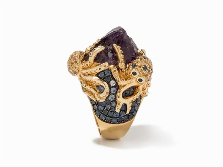 Octopus Ring with Amethyst Rough Stone, Gold-Plated Sterling Silver at ...