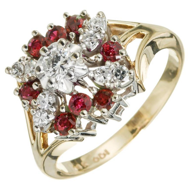 ODI .36 Carat Ruby Diamond Yellow White Gold Cluster Cocktail Ring For ...
