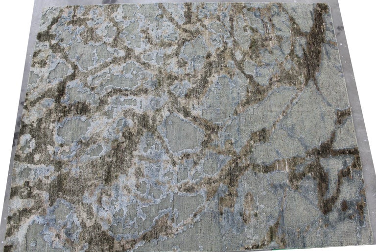 Light Blue Beige Brown Hand-knotted Wool and Silk Contemporary Abstract ...