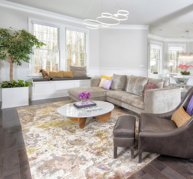 Grey Pink Taupe Multi-Level Wool with Silk Round Contemporary Woven Rug ...