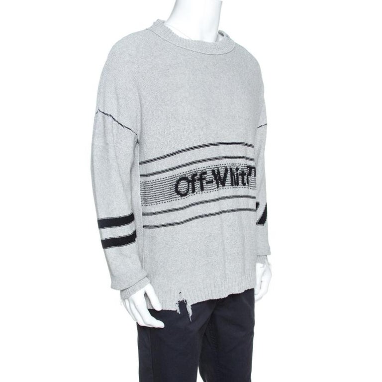 Off White Grey Logo Embroidered Knit Distressed Jumper S at 1stDibs