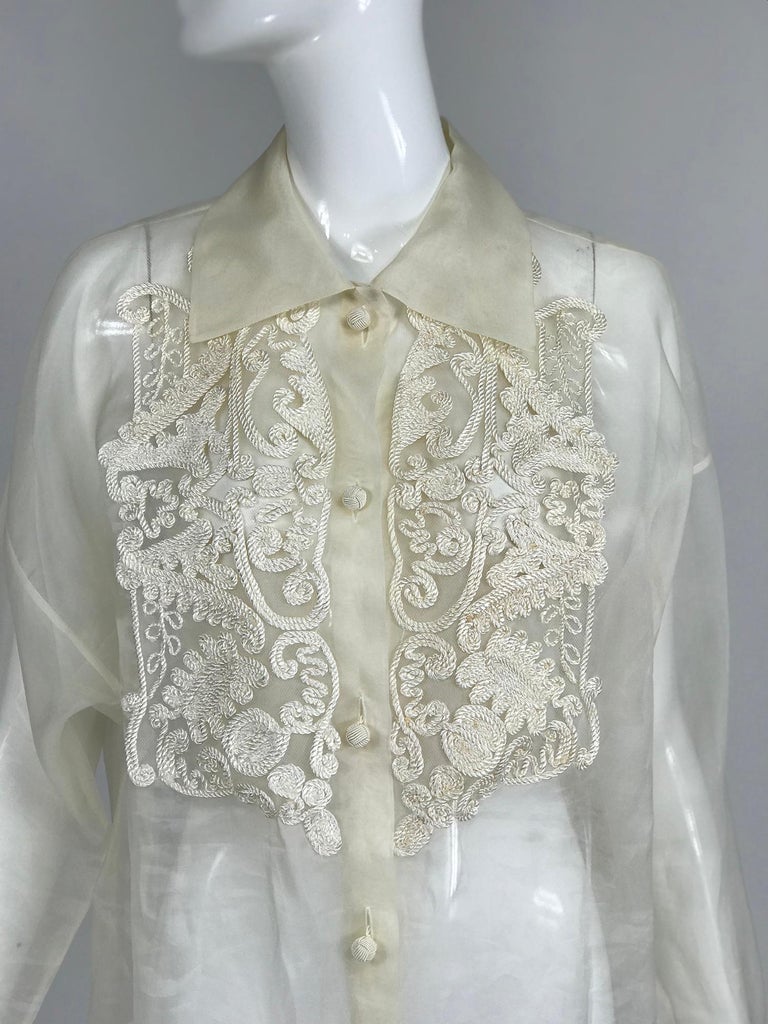 Off White Sheer Silk Organza Passementerie Long Sleeve Tunic Blouse For ...