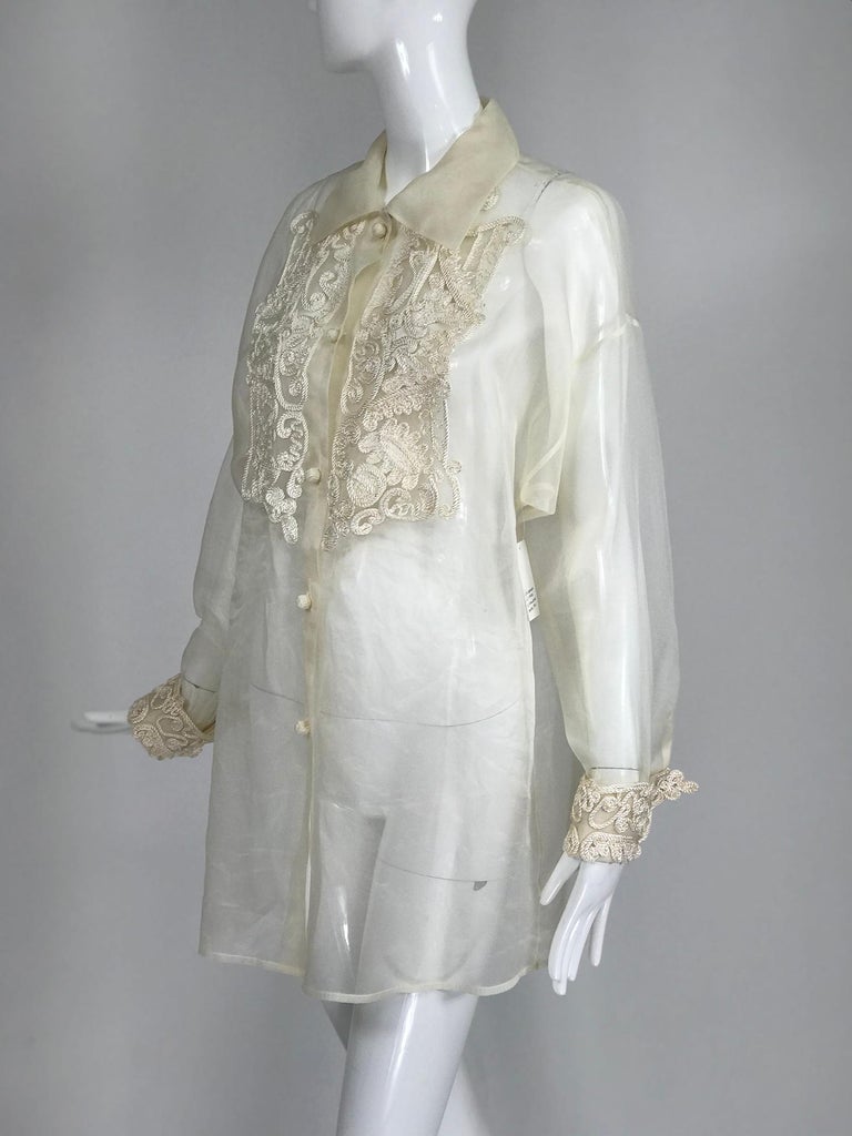 Off White Sheer Silk Organza Passementerie Long Sleeve Tunic Blouse For ...