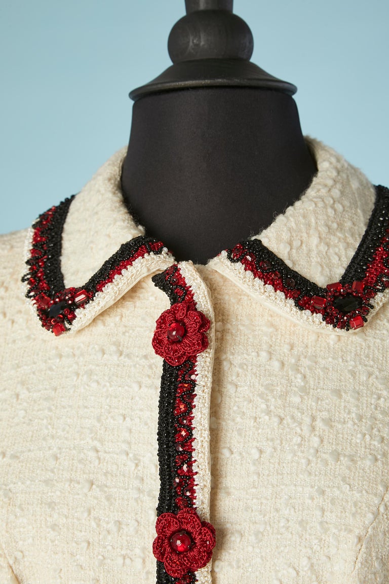 Off-white tweed jacket with beaded and flower crochet work on the edge ...