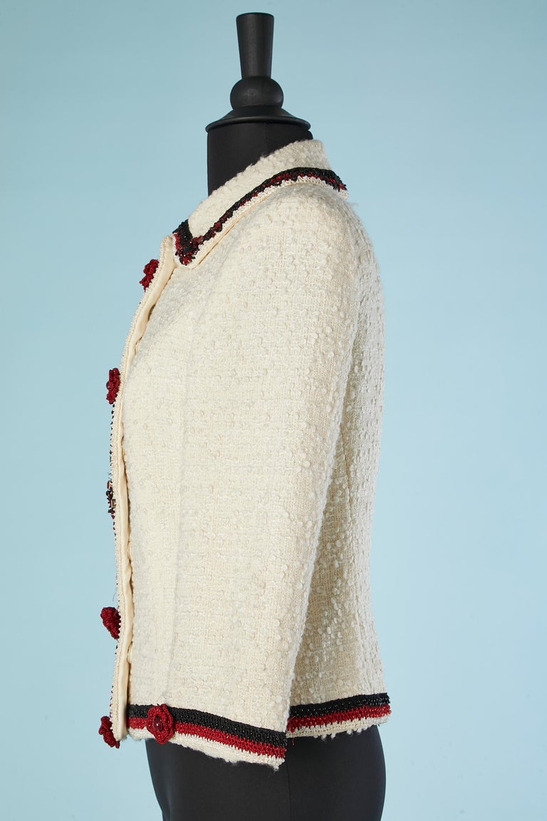 Off-white tweed jacket with beaded and flower crochet work on the edge Escada For Sale at 1stDibs
