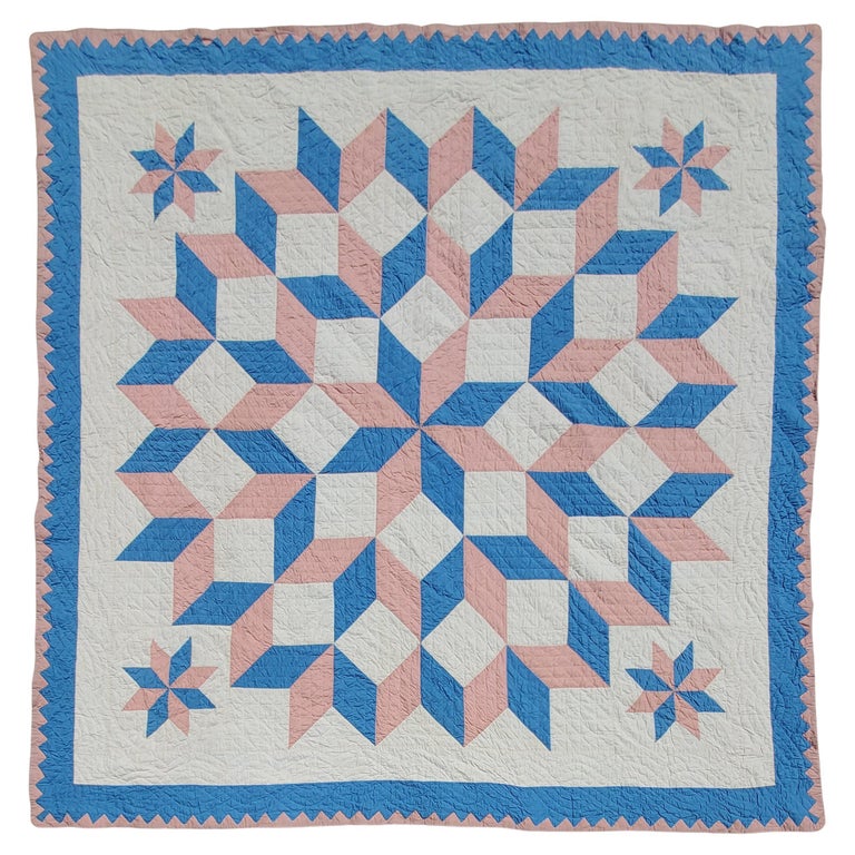 Ohio Amish Blue and Pink Star Quilt For Sale at 1stDibs