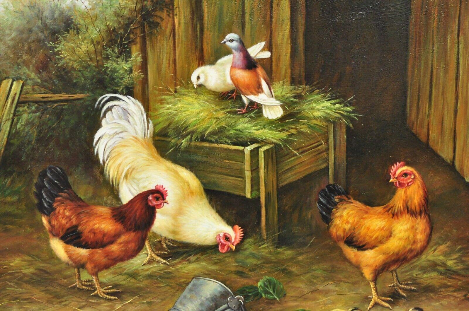 Oil on Canvas Decorator Painting of Farm Hens and Baby Chicks, Gold ...