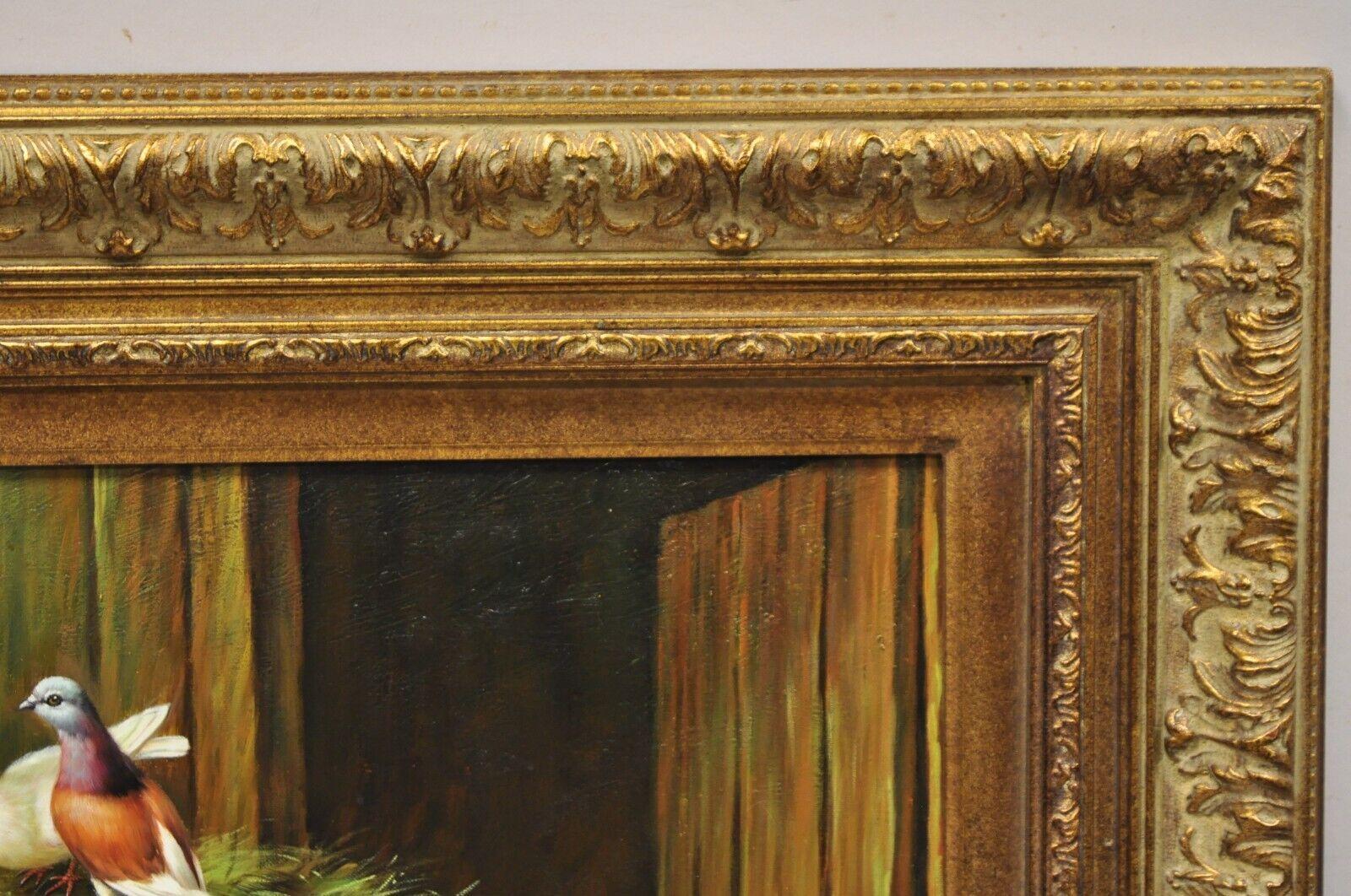 Oil on Canvas Decorator Painting of Farm Hens and Baby Chicks, Gold ...