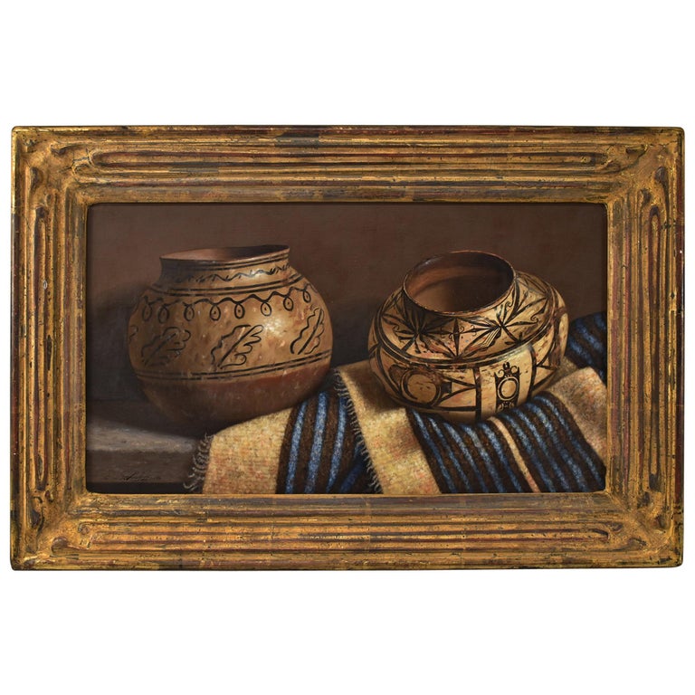 Oil on Canvas William Acheff 1986 Still Life Pottery and Blanket at 1stDibs