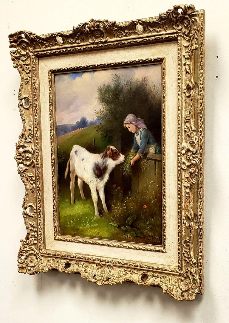 Oil Painting by Walter Hunt "Girl Feeding Calf in Meadow" 1931 For Sale ...