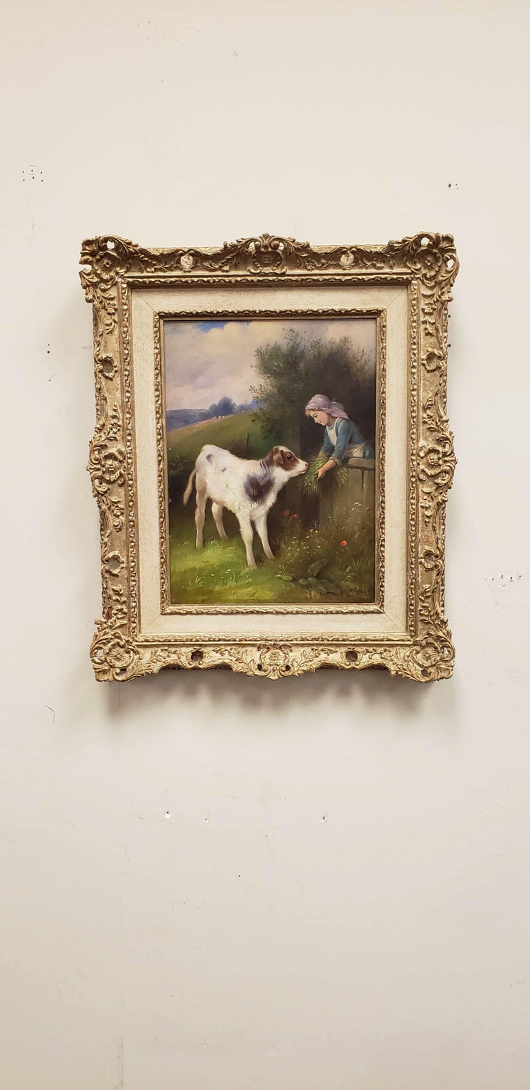 Oil Painting by Walter Hunt "Girl Feeding Calf in Meadow" 1931 For Sale ...