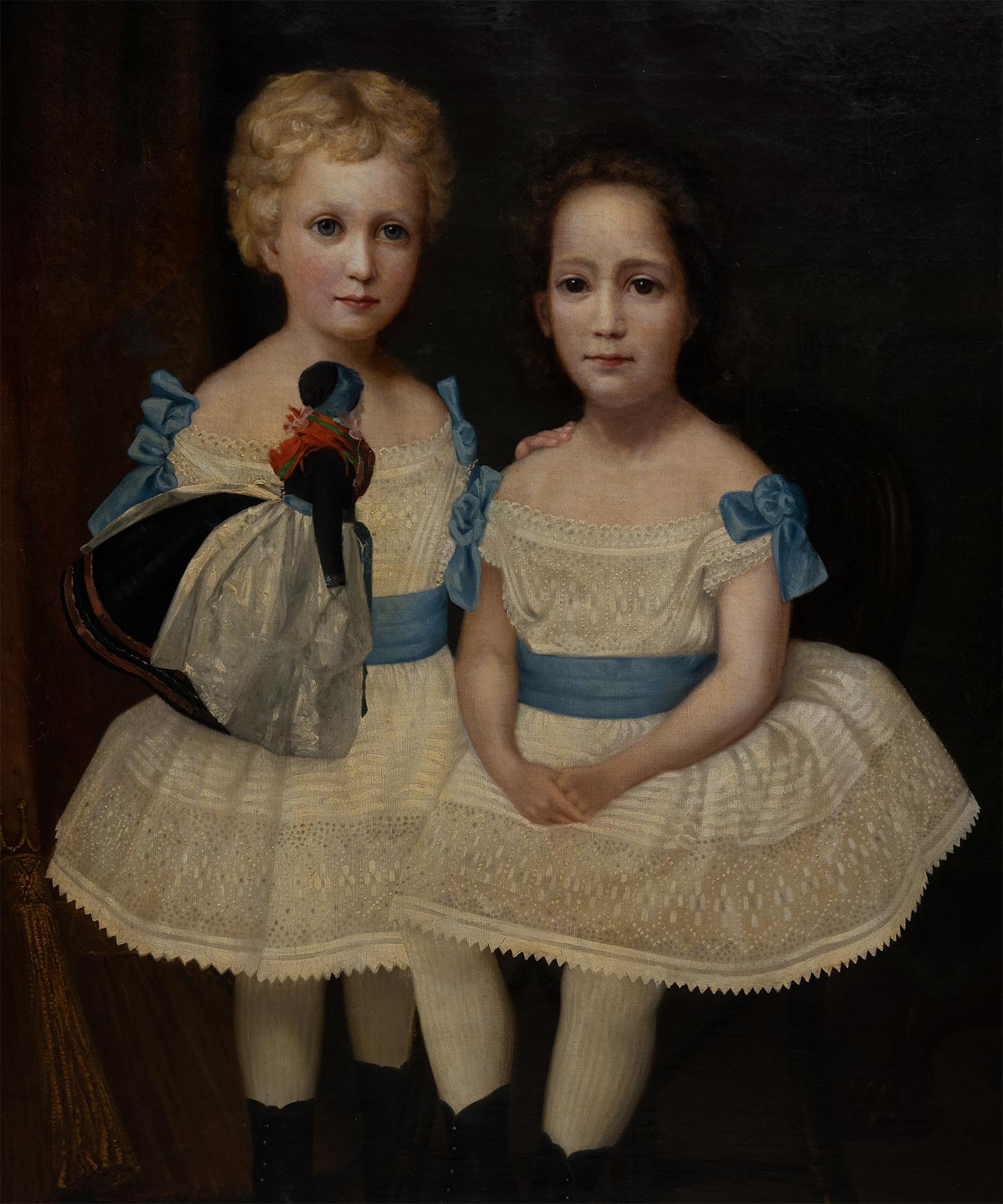 Oil Painting of Two Girls, France, circa 1900 For Sale at 1stDibs