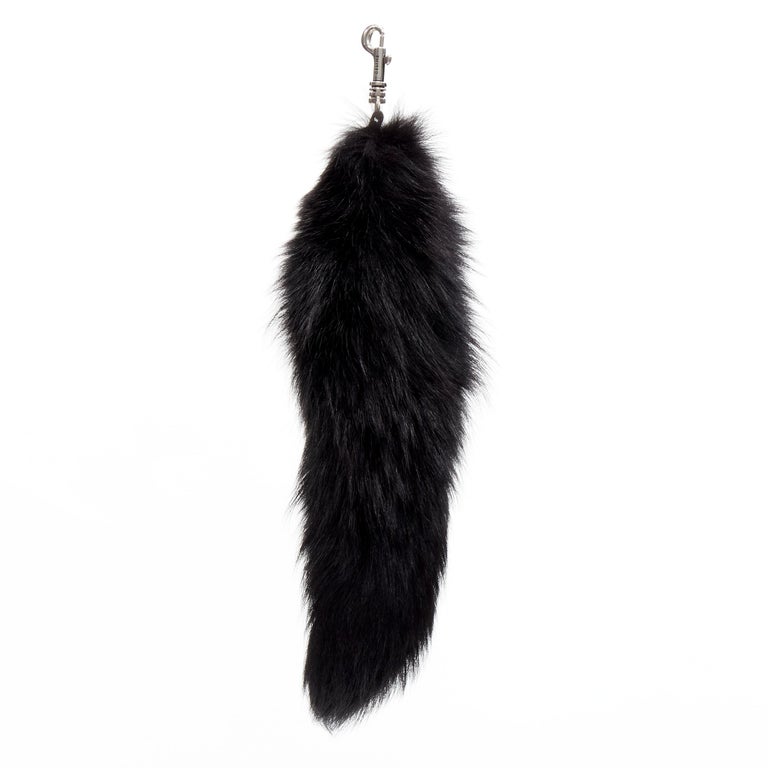 OLD CELINE Phoebe Philo black fox fur tail clasp silver tone keyring ...