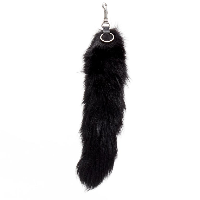 OLD CELINE Phoebe Philo black fox fur tail clasp silver tone keyring ...