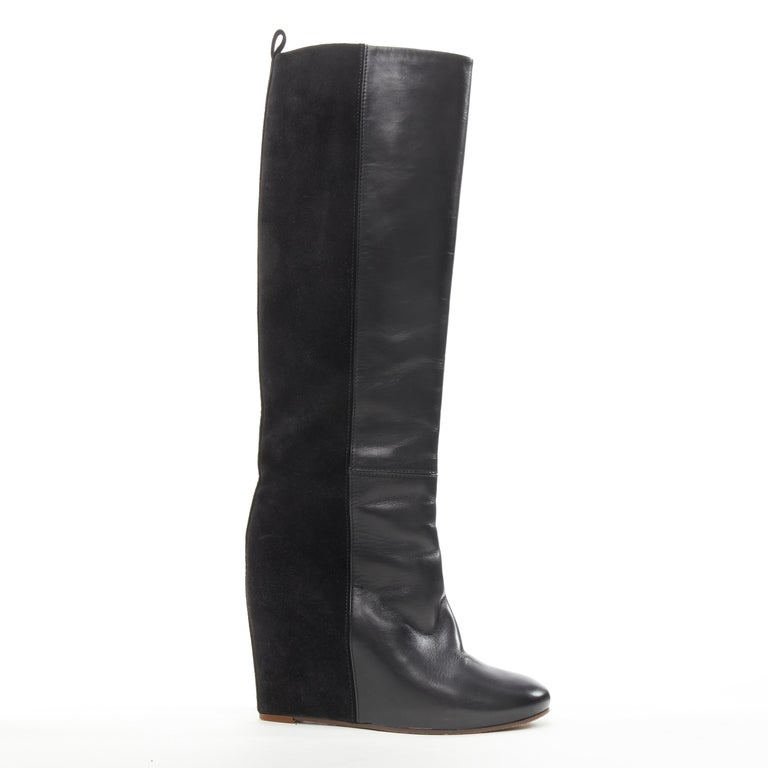 OLD CELINE Phoebe Philo black leather suede 50/50 platform wedge boot ...