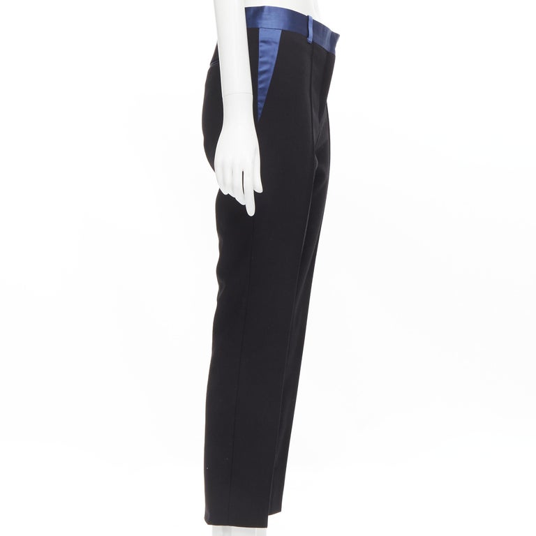 OLD CELINE Phoebe Philo blue silk trimmed black wool pleated trousers ...