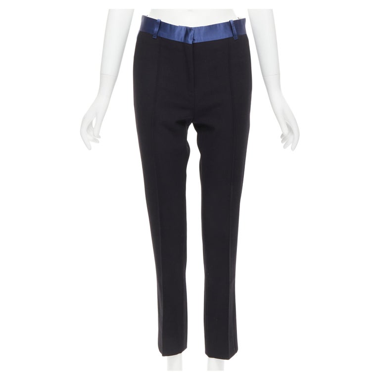 OLD CELINE Phoebe Philo blue silk trimmed black wool pleated trousers ...