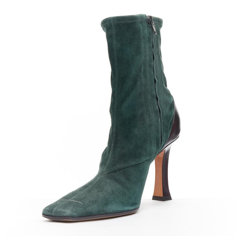 OLD CELINE Phoebe Philo Madame green suede leather spool heel boots ...
