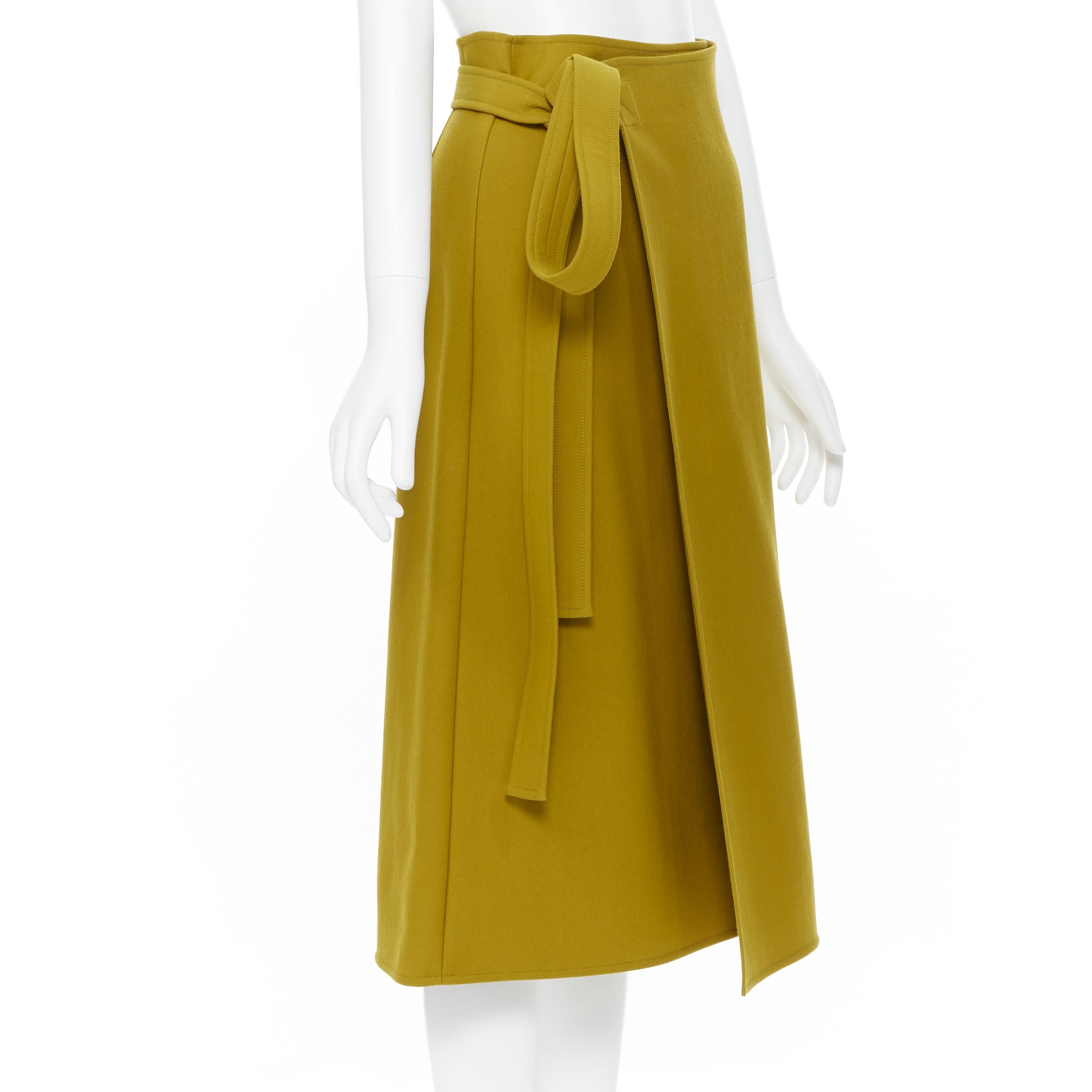 OLD CELINE PHOEBE PHILO mustard wool blend tie waist wrap midi skirt ...
