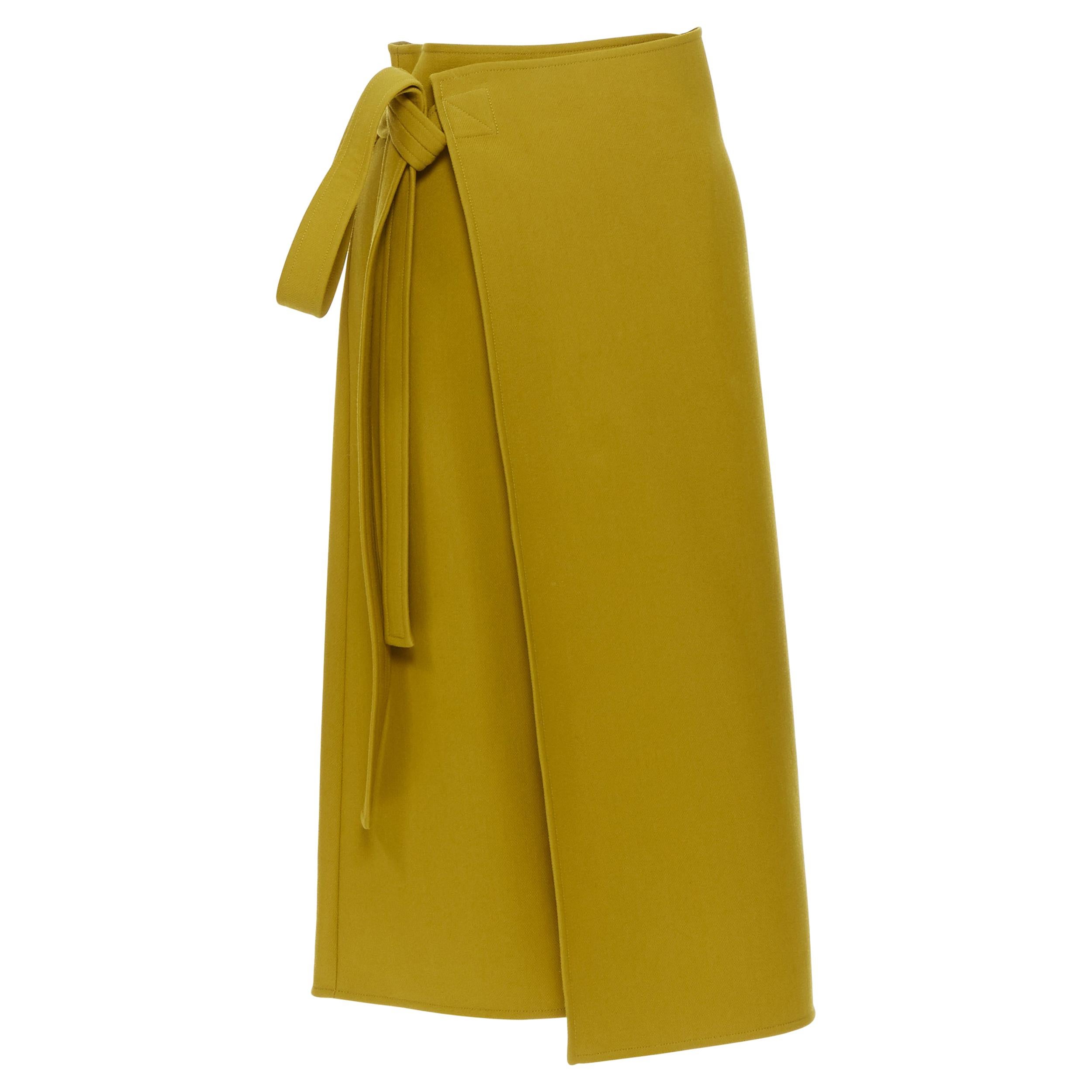 OLD CELINE PHOEBE PHILO mustard wool blend tie waist wrap midi skirt ...