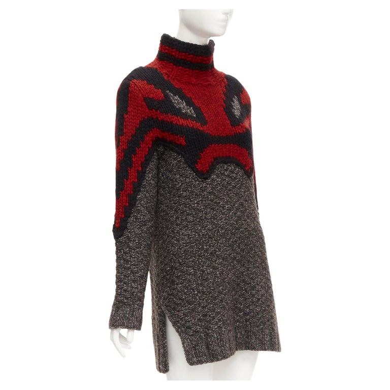 OLD CELINE Phoebe Philo red grey abstract intarsia knit sweater dress S ...