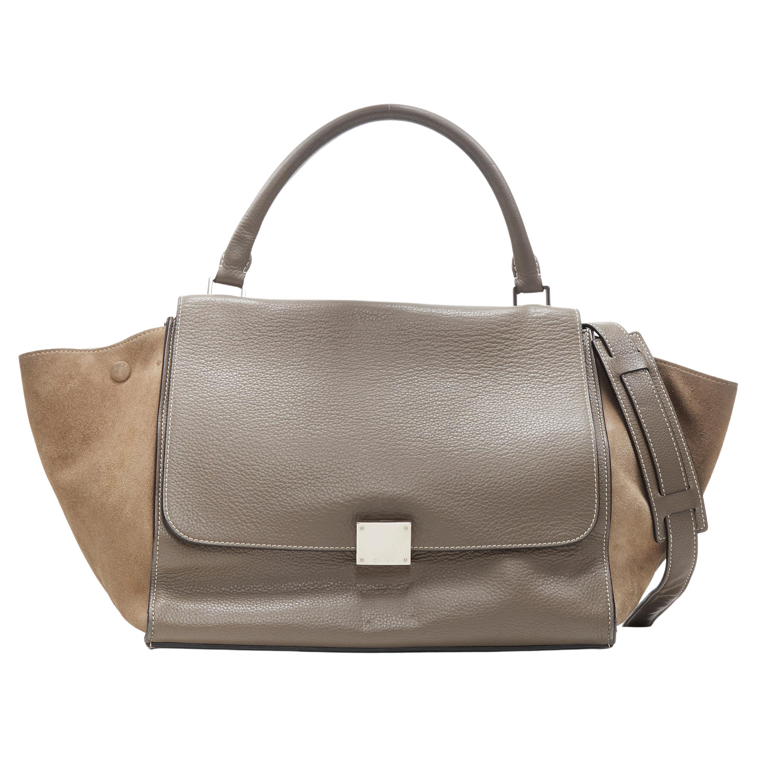 OLD CELINE Trapeze grey leather suede flap top handle flap satchel ...