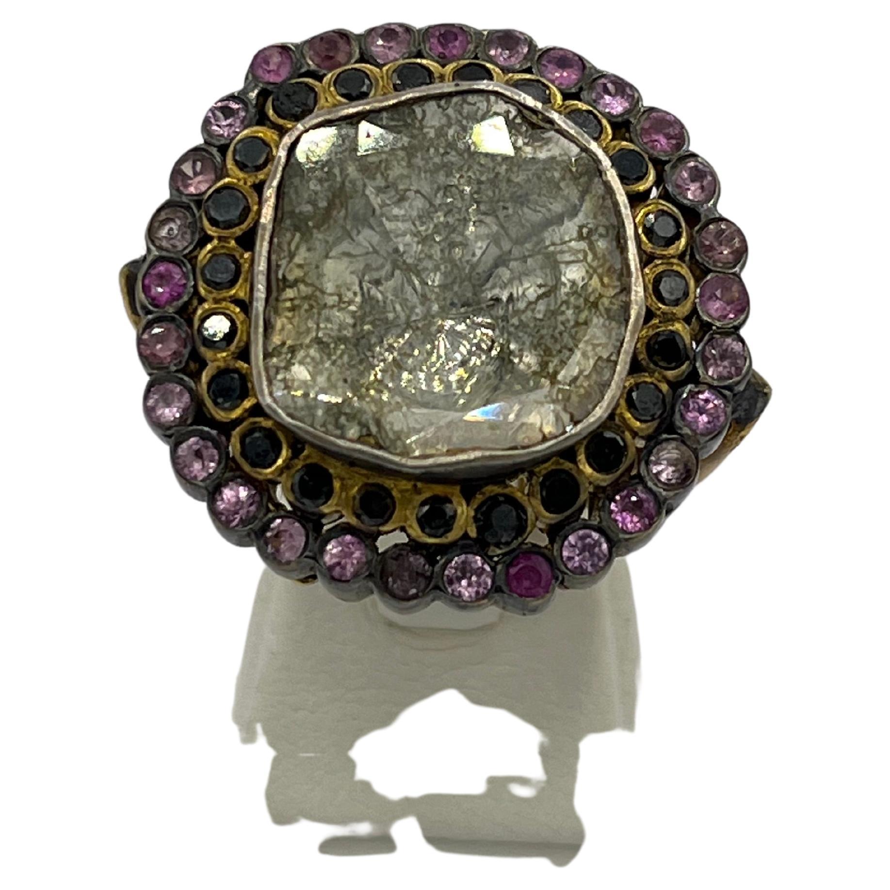Silberring mit großem Diamanten und rosa Saphir im Altschliff im ...