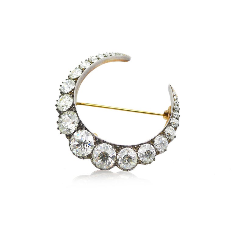 Old Cut Diamond Gold and Silver Crescent Moon Antique Brooch For Sale ...