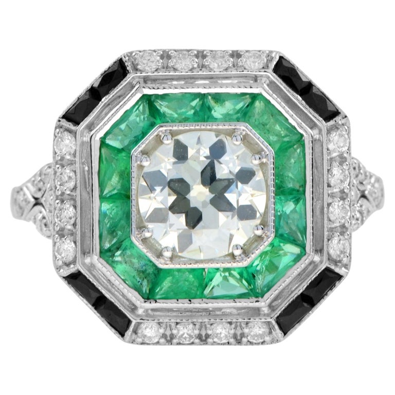 Old Cut Diamond with Emerald Onyx Octagonal Shape Engagement Ring in ...