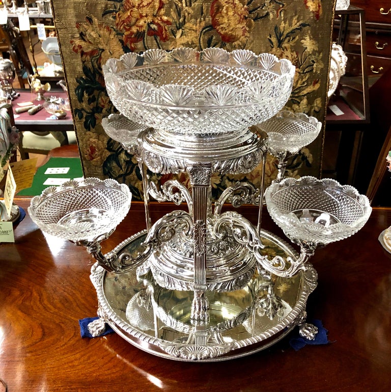 Old English Sheffield Silver Plate and Cut Crystal Geo. Style Epergne ...