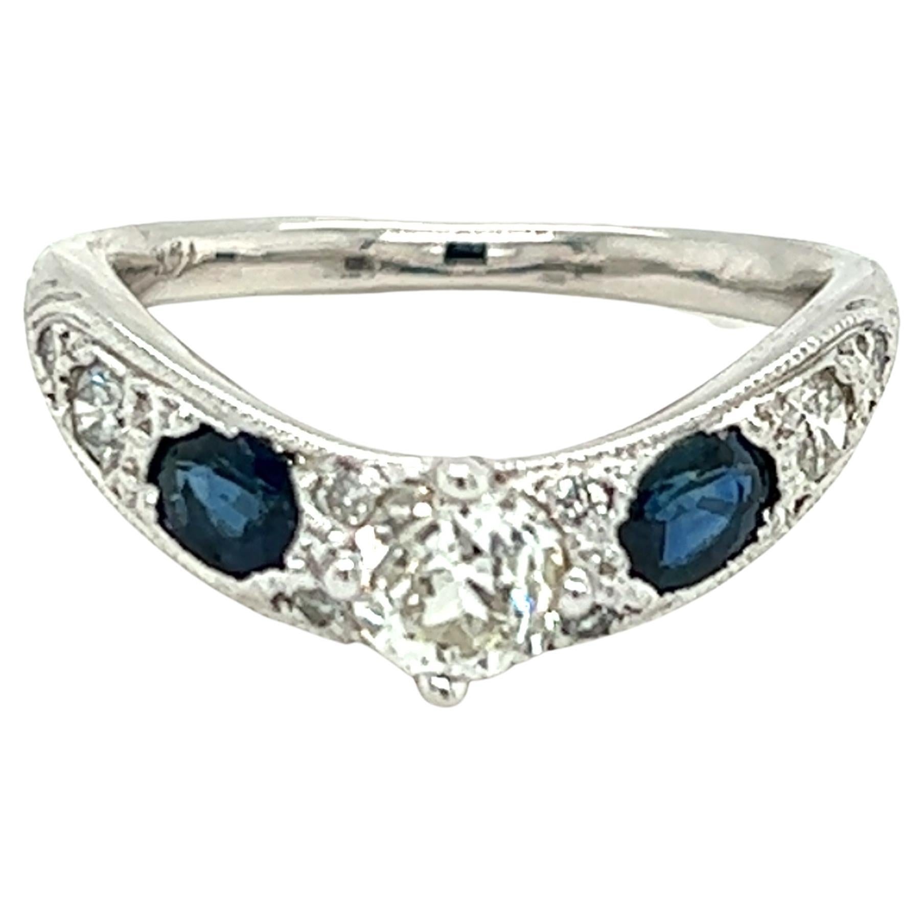 Old European Cut Diamond and Natural Blue Sapphire Curved Band in 14K ...