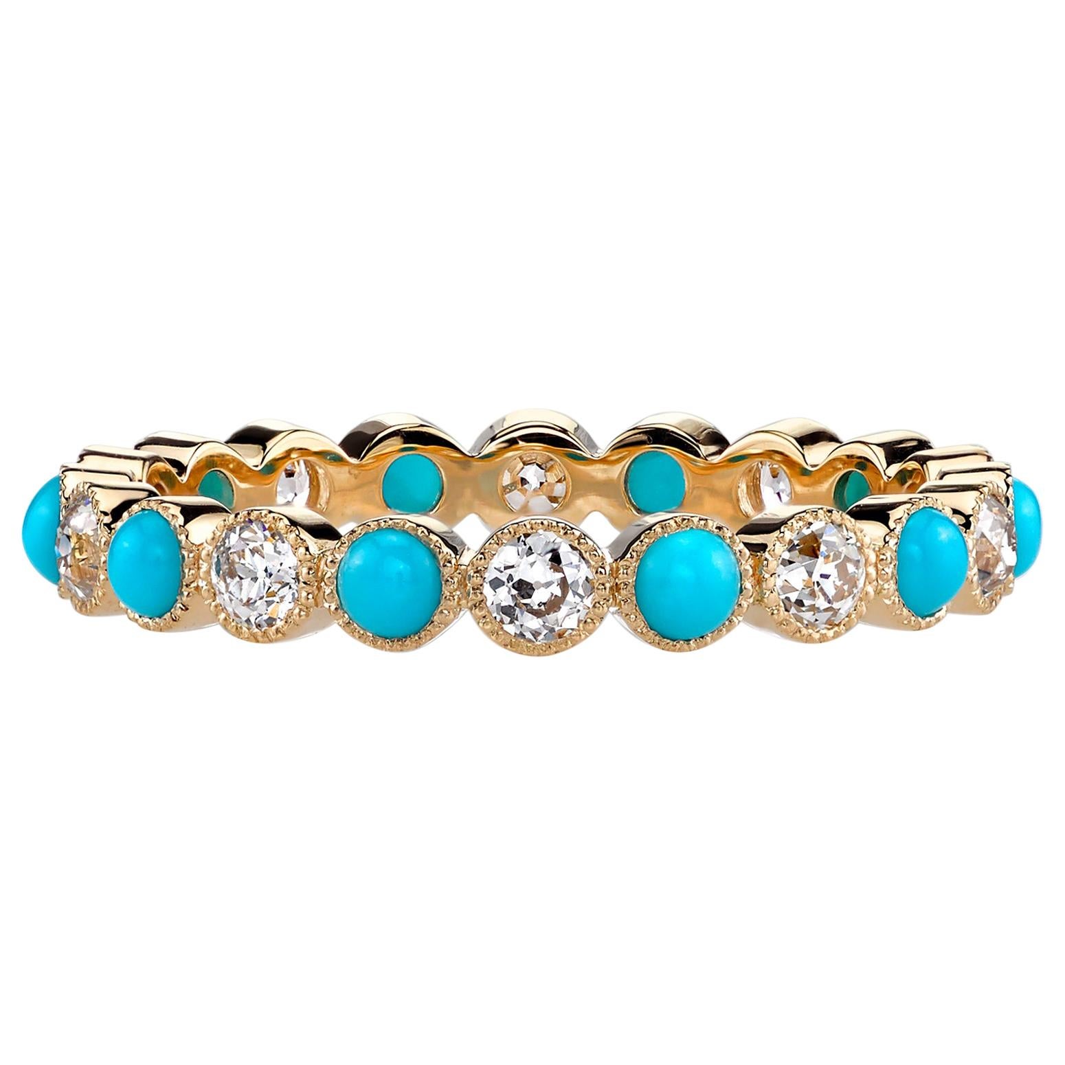 Old European Cut Diamonds and Turquoise in an 18 Karat Yellow Gold ...