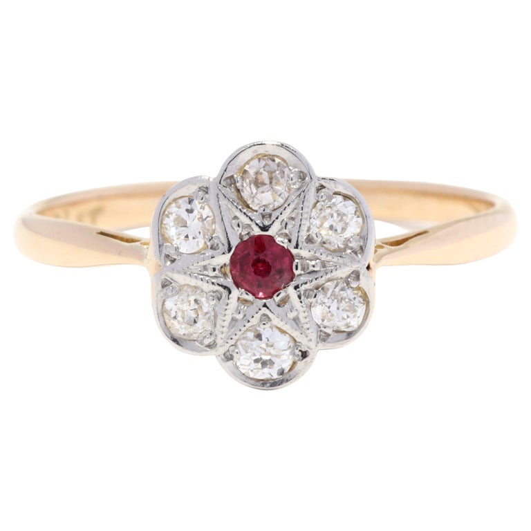 Old European Cut Diamond Ruby Cluster Ring, 18k Yellow Gold, Platinum ...