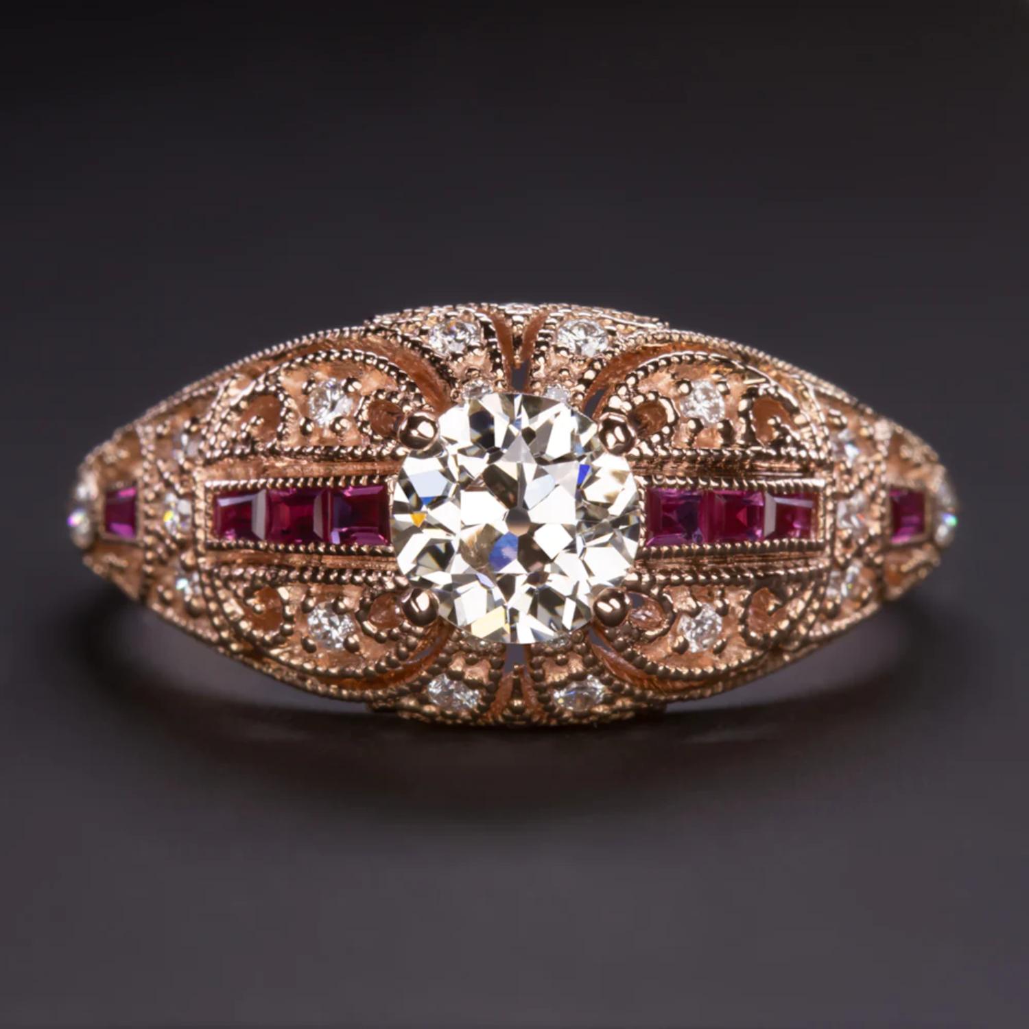 Old European Cut Diamond Ruby Vintage Style Rose Gold Engagement Ring ...