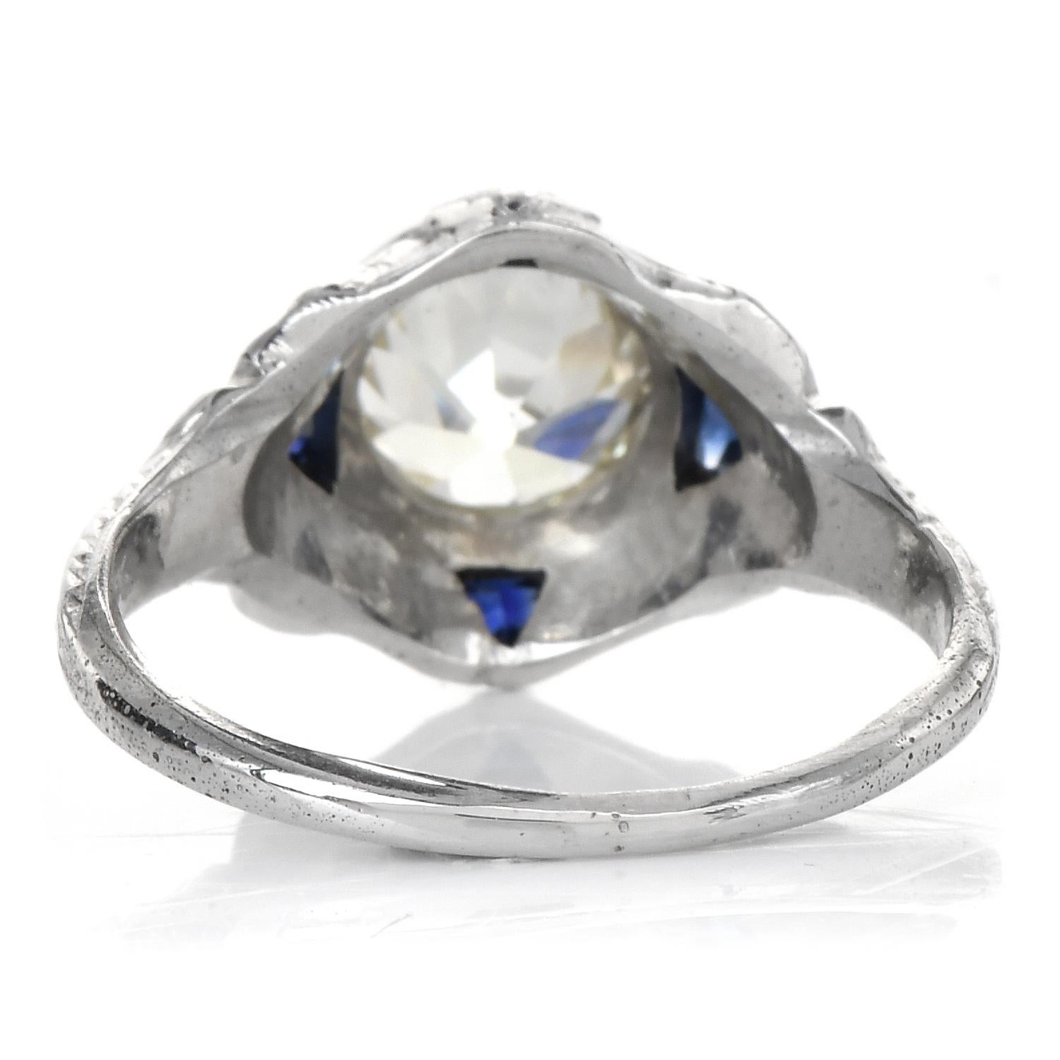 Old European Cut Diamond Sapphire 20K White Gold Engagement Ring For ...