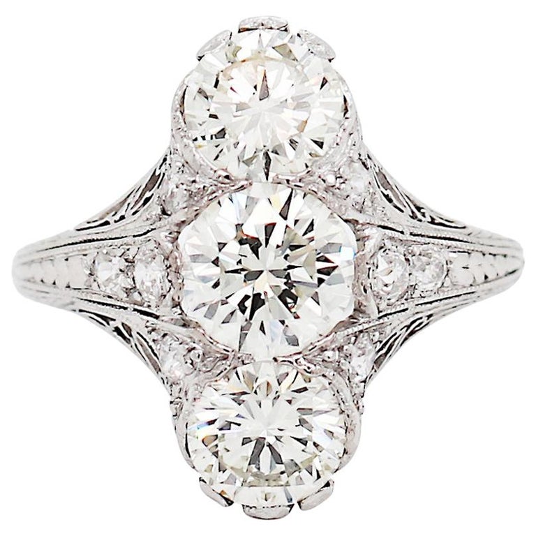 Old European Cut Diamond Vertical Three-Stone Diamond Filigree Platinum ...